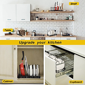 Pots and Pans Organizer Lid Organizer Dishes Bakeware Storage Rack Expandable Black Rack Holder with 10PCS Adjustable Compartment for Kitchen Cabinet Cupboard Drawer Counter