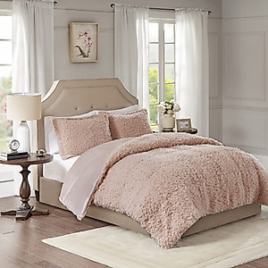 Madison Park Nova Luxury Soft Mohair Reverse Faux Mink Comforter Set, Full/Queen 90"x90", Blush Pink