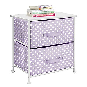 mDesign Small Storage Dresser End/Side Table Night Stand with 2 Removable Fabric Drawers - Organizer for Baby, Kid, and Teen Bedroom, Nursery, Playroom, or Dorm - Light Purple/White Polka Dot