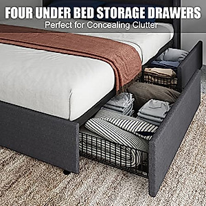 LUXOAK Queen LED Bed Frame with Wingback Headboard, Upholstered Platform Bed with 4 Storage Drawers & Charging Station, App/Remote Control, Box Spring Optional, Dark Grey…