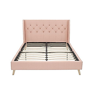 Novogratz Her Majesty Upholstered Linen Bed, Tufted Wingback Design and Wooden Legs, Queen Size - Pink Linen