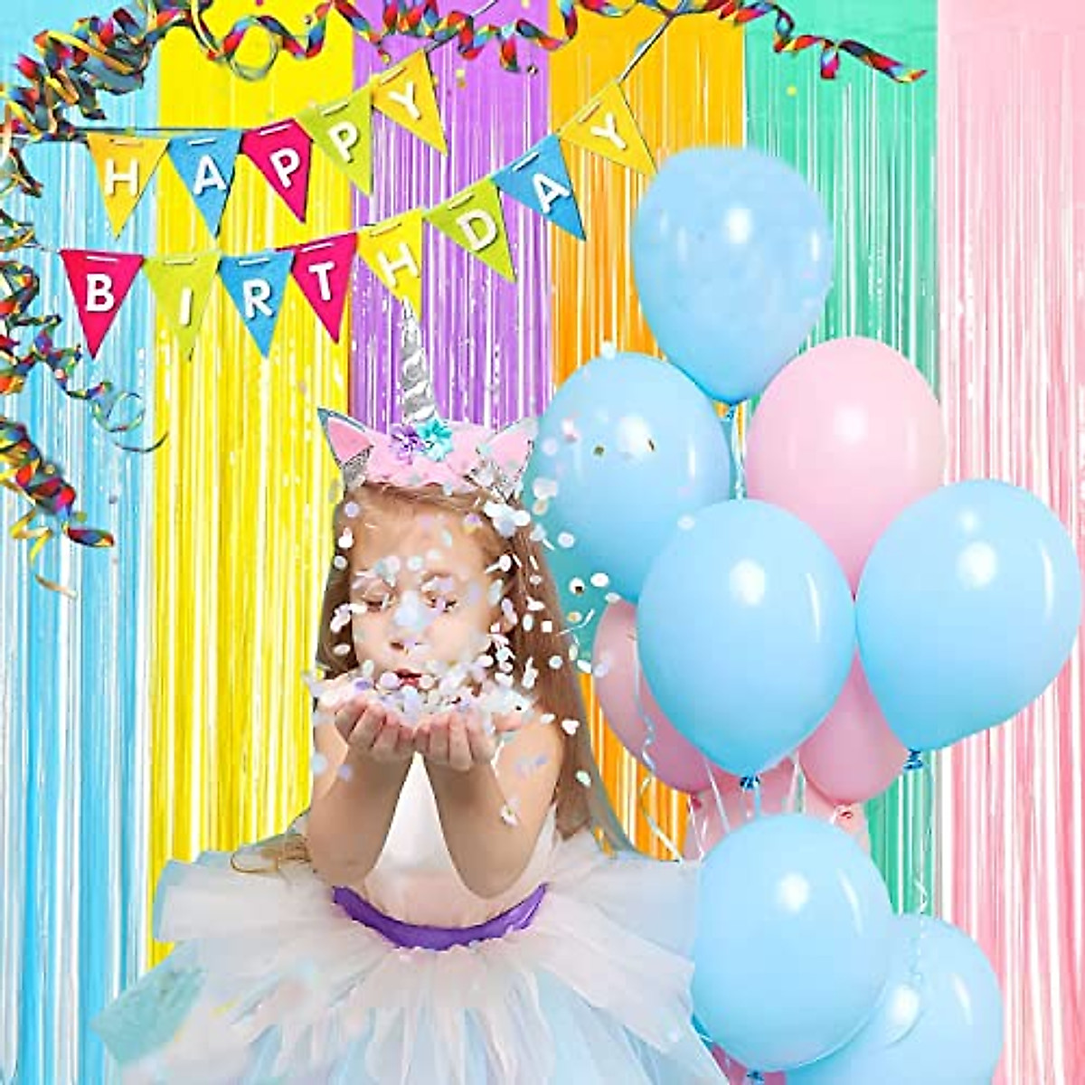 BRAVESHINE Glitter Tinsel Foil Fringe Curtains - 2Pcs 3.2x8.2ft Pastel Rainbow Photo Backdrop for Sweet Birthday Baby Shower Unicorn Mermaid Kids Candy Donut Ice Cream Easter Bunny Party Decorations