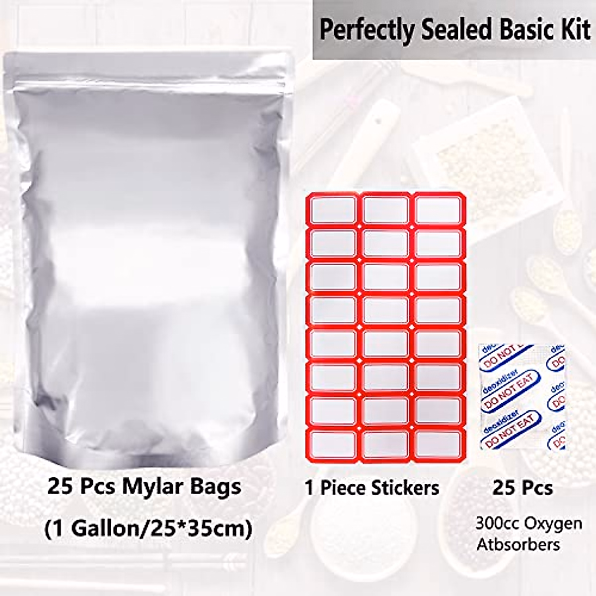 25PCS Mylar Bags For Food Storage, 1 Gallon Mylar Bags With Oxygen Absorbers (300CC×25PCS), Extra Thick Stand-Up Zipper Pouches Resealable Heat Sealable Bags(10"x14")