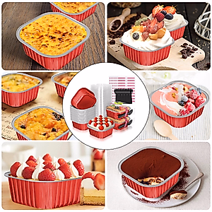 HEYYUMI 10oz Aluminum Foil Brownie Pans with Lids, 40 Pack Square Cake Pans, Disposable Ramekins Cupcake Cups Containers,Mini Cake Baking Pans,Large Muffin Tin Holder for Catering Gathering - Red