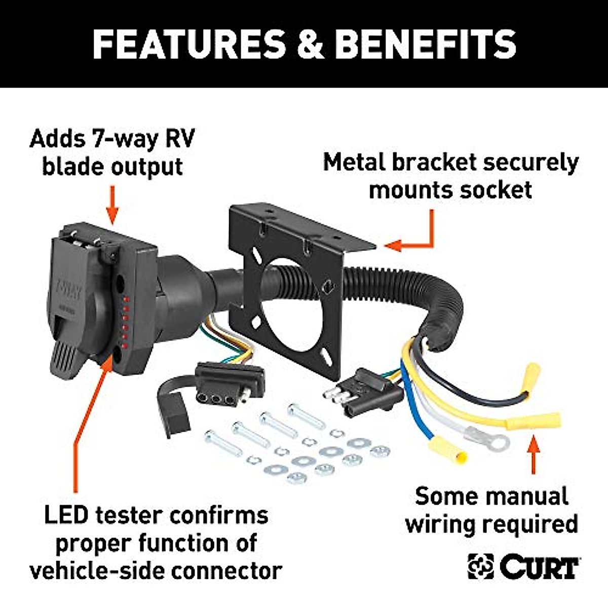 CURT 57674 Dual-Output 4-Way Flat Vehicle-Side to 7-Way RV Blade Trailer Wiring Adapter with Tester , black