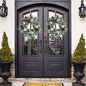 Fall Winter Thanksgiving Front Door Wreath, Winter Wreaths Autumn Flower Harvest Porch Wall Decor Artificial Orange Wreaths Garden Garland Farmhouse Decorations Pinecones Greeen Eucalyptus Foliage