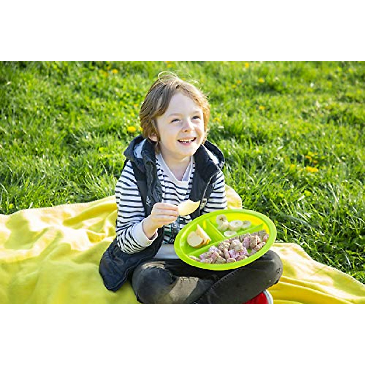 Plaskidy 3 - Compartment Divided Plates for Kids - Set of 12 Plastic Children Trays for Eating with Dividers - 4 Bright Colors (3 of Each Color) Dishwasher Microwave Safe BPA Free for Toddler and Kids