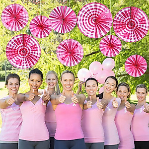 Outus 9 Pcs Breast Cancer Awareness Paper Fans Pink Ribbon Hanging Decorations Breast Cancer Hanging Paper Fans Ceiling Wall Garland for Pink Breast Cancer Party Decorations and Supplies