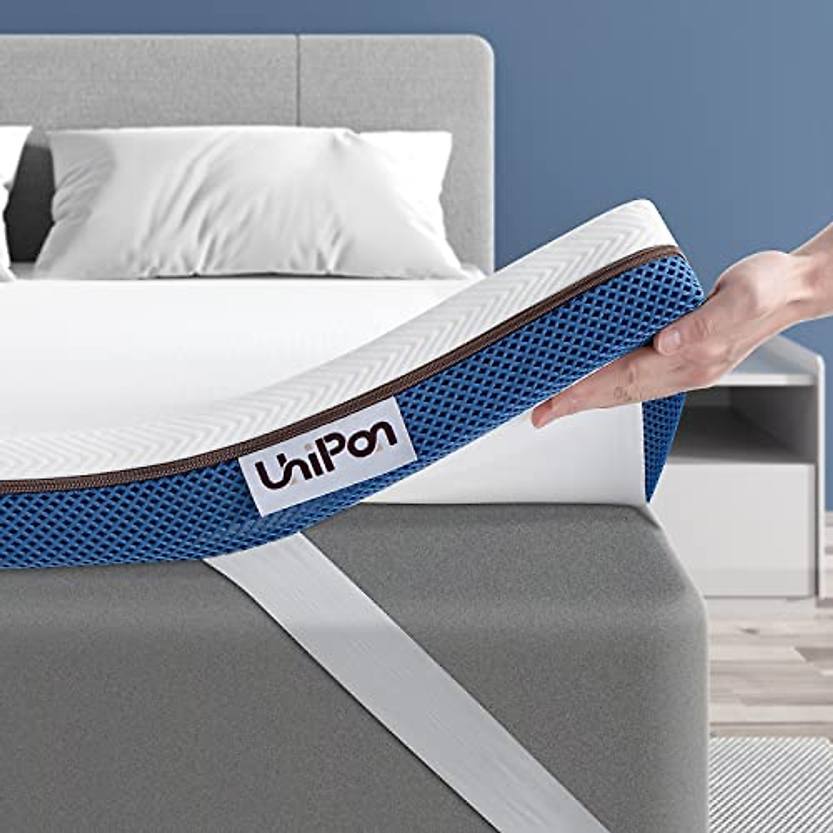 UniPon 2 Inch Gel-Infused Memory Foam Mattress Topper for Queen Size Bed, Ventilated Bed Foam Topper for Back Pain and Pressure Relief, High-Density Cooling Mattress Pad with Removable & Soft Cover