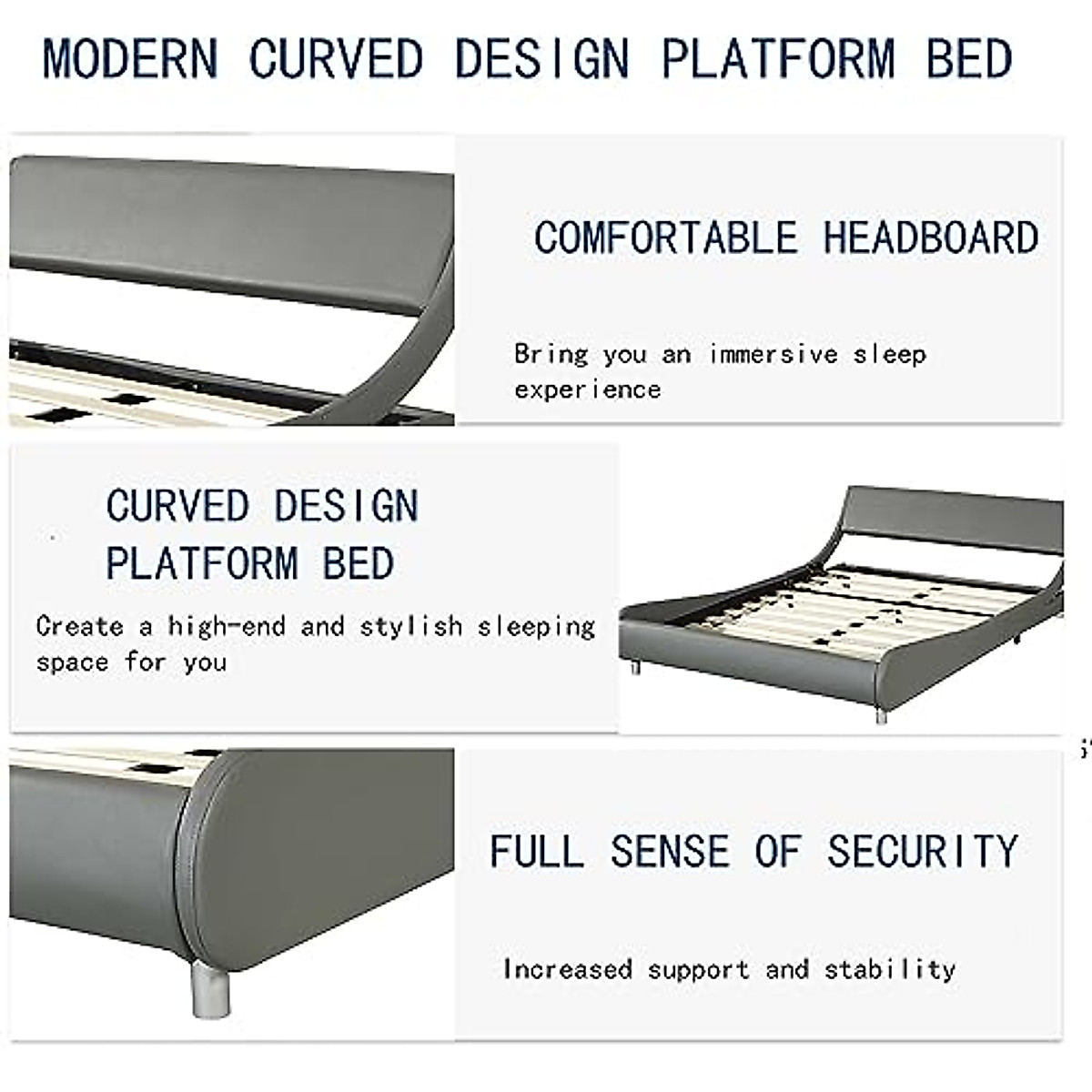 Queen Size Leather Upholstered Platform Bed Frame with Comfortable Headboard and Footboard, Modern Curve Design Platform Bed with Sturdy Bed Frame/Wood Slats Support/Easy Assemble for Bedroom (Grey)
