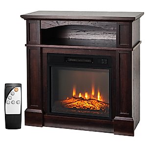 COSTWAY 32-inch Electric Fireplace with Mantel, 1400W Adjustable Freestanding Heater with Remote Control, Thermostat Design, 6H Timer, 3D Flame Brightness, Mantel Fireplace for Living Room, Brown