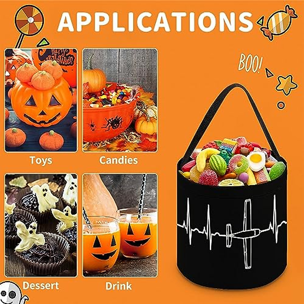 Airplane Pilot Heartbeat Halloween Tote Reusable Trick Or Treat Bucket Pumpkin Party Favor Bags with Hand Strap