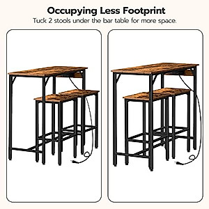HOOBRO Bar Table Set with Power Outlet, Bar Table and Chairs Set, 3-Piece Pub Table Set, Kitchen Bar Height Table with Stools of 2, for Living Room, Dining Room, Rustic Brown and Black BF45UBT01