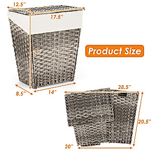 Giantex Laundry Hamper with Lid, Foldable Laundry Basket w/Removable Liner Bag, Handwoven Rattan Clothes Hamper w/Handles Anti-skid Pads for Living Room Laundry (Gray)