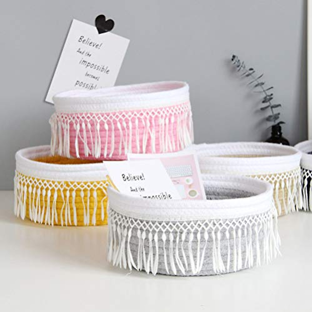 Cabilock Desk Topper Sundries Woven Storage Basket Decorative Tassel Storage Bins Basket Foldable Kid Organizer Makeup Books Storage Basket (Yellow) Macrame Decor