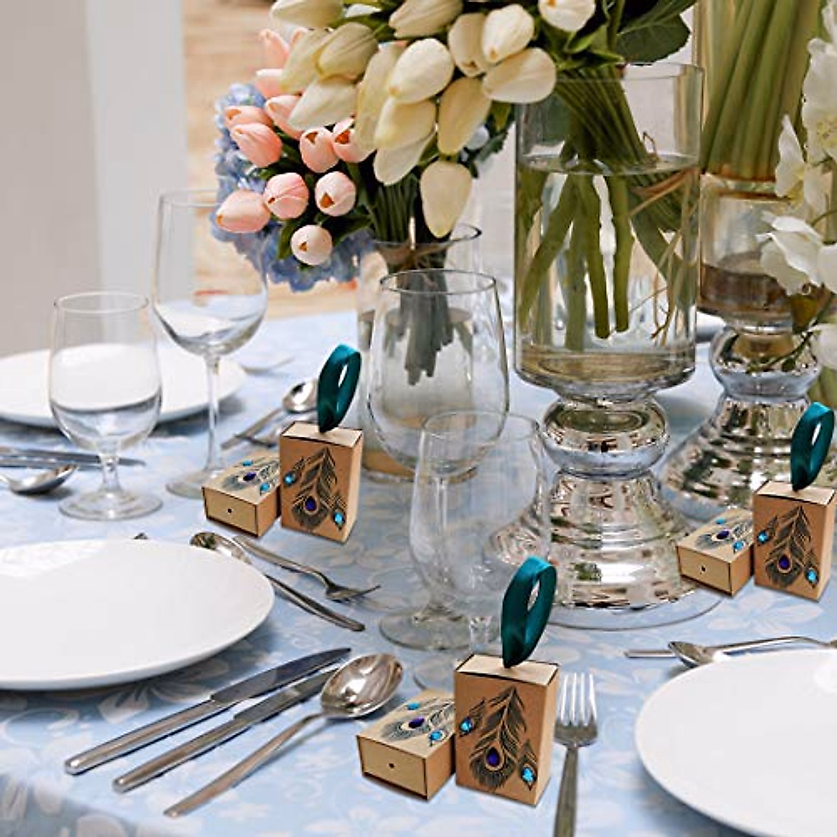 Faylapa Suitcase Candy Boxes, Party Favor Candy Box, Vintage Kraft Paper Gift Bag for Travel Theme Party,Wedding,Birthday,Bridal Shower (Peacock Feather 50pcs)