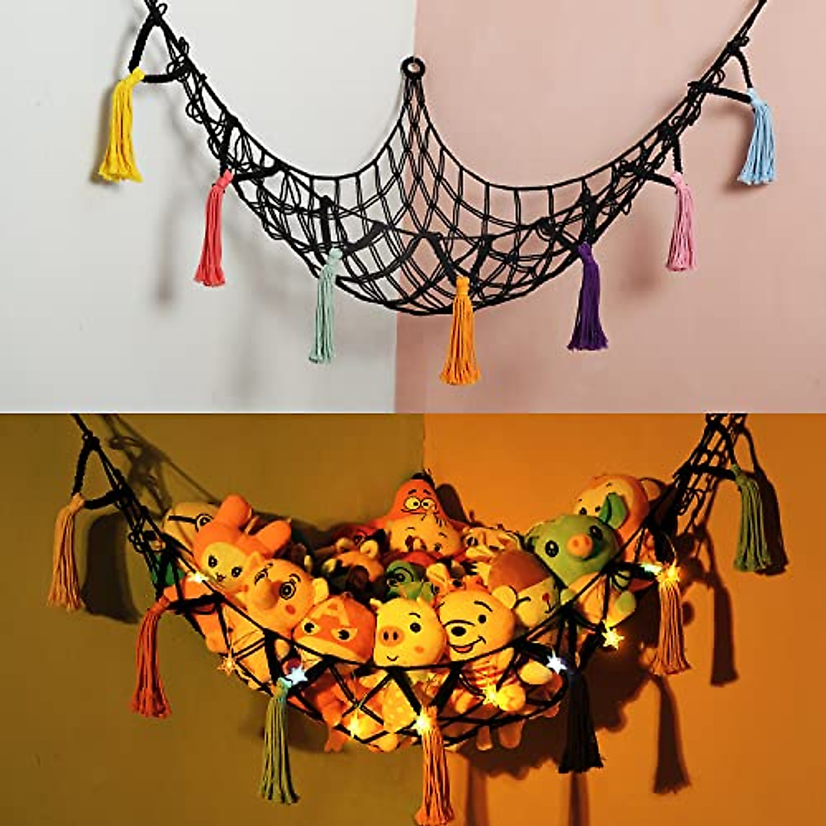 KanYool Stuffed Animal Net or Hammock, Boho Net Hammock for Stuffed Animals with Led Lights Wall Corner Storage Hanging Plush Toy Net with Tassels Teddy Bear Net Black