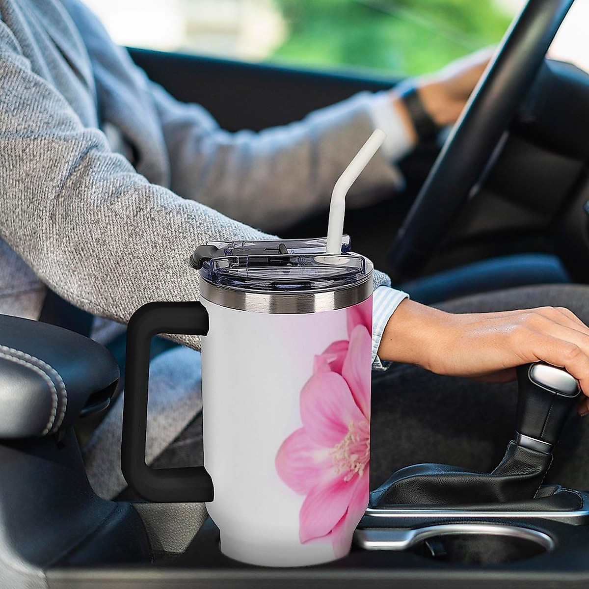 YTLKGFP 40 Oz Large Capacity Car Cup Beautiful Flowers Tumbler with Handle (Black) Straw Lid Insulated Stainless Steel Water Bottle Travel Mug Leak-proof Car Cup Keeps Cold Or Hot