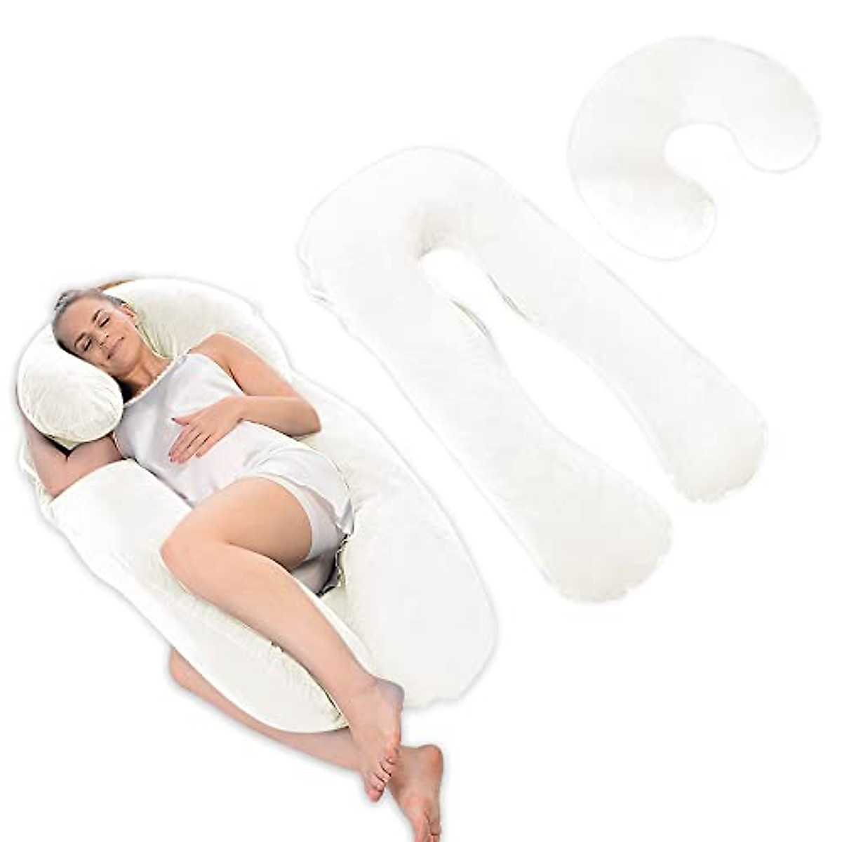 MANDZIXIN Pregnancy Pillow, Maternity Body Pillow with Velvet Separate Support Pillow and Removable Cover,Side Sleeping and Back Hips, Legs, Belly Support for Pregnant Women (White, U Shaped)