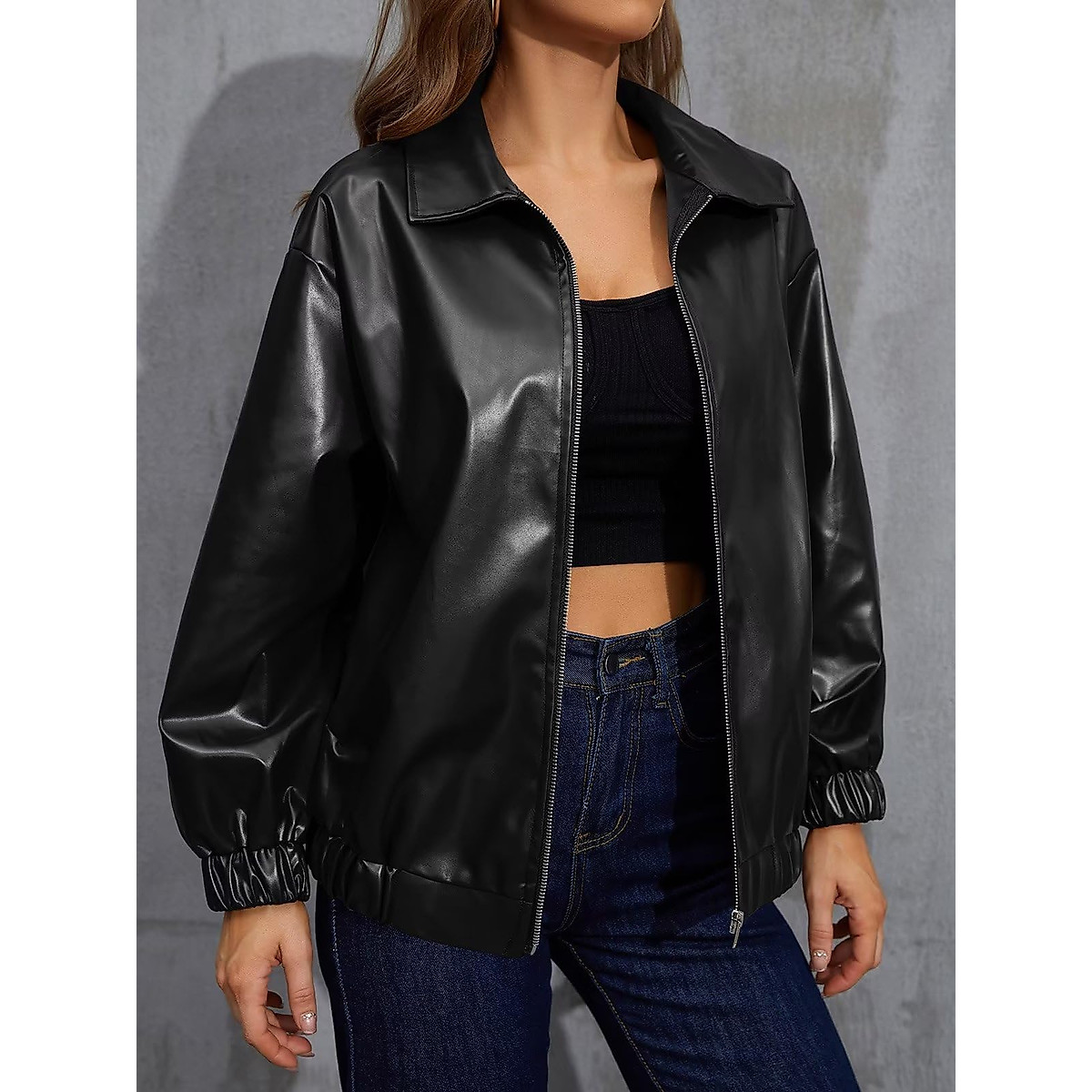 PITINAN Womens Leather Jacket Black Bomber Jacket Women 2023 Fall Faux Leather Jacket Leather Coat for Women Relaxed-fit Windproof Womens Motorcycle Jacket Black XXL