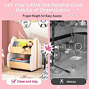 Costzon Kids Wooden Bookshelf w/Universal Wheels, 2-Tier Storage Shelf Book Rack, Toddler Bookcase Toy Organizer for Playing Room, Classroom, Kindergarten