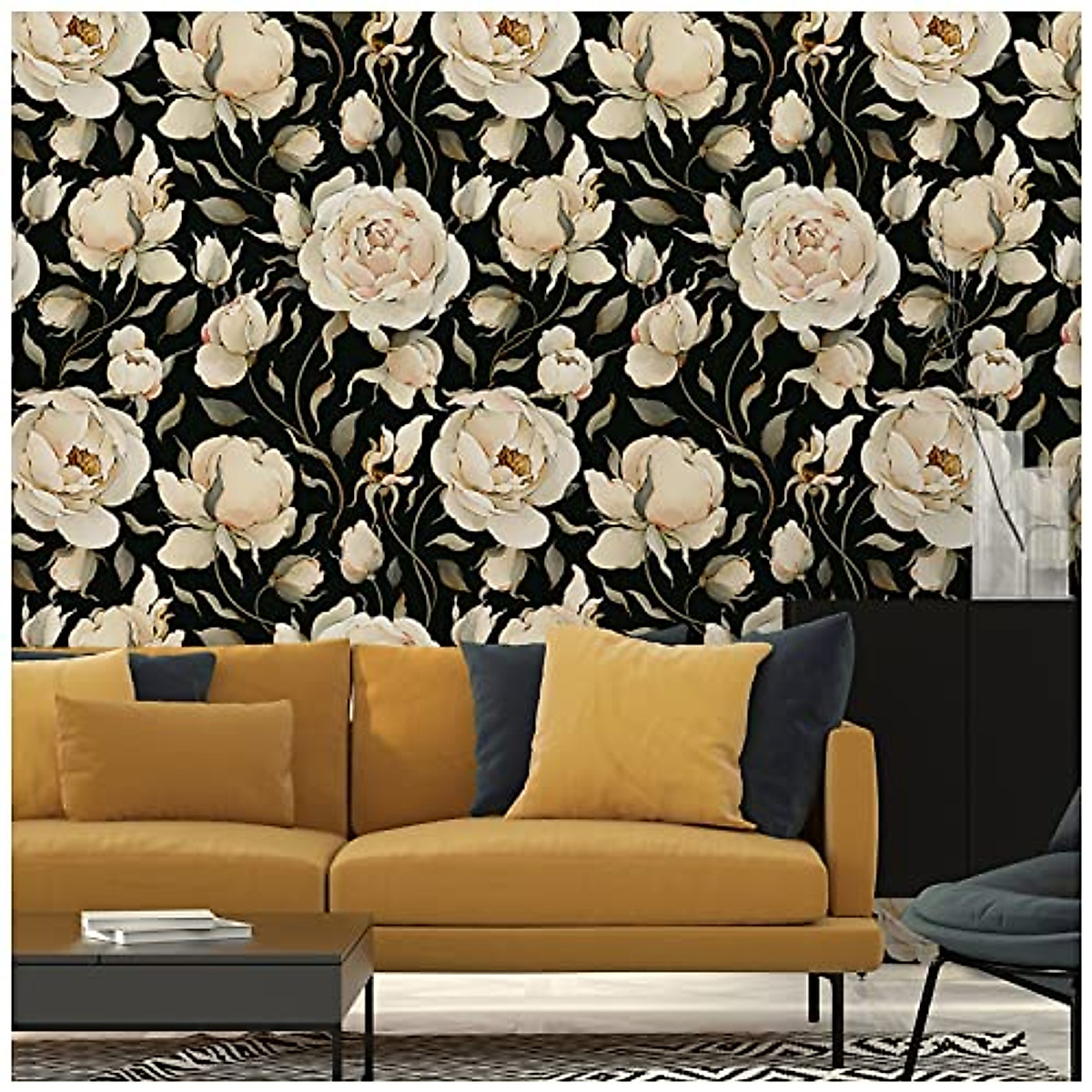 HAOKHOME Peel and Stick Wallpaper Floral Vintage Roses Peonies Contact Paper Removable Black/Beige/Olive Self Adhesive Mural 17.7in x 9.8ft