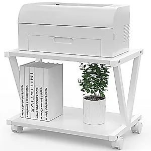 VEDECASA Retro Desktop Printer Stand 2 Double Tiers Wood Printer Shelf Modern White Wood Storage Book Shelf Organizor for Home Office Stylish Sturdy V Shaped (White)