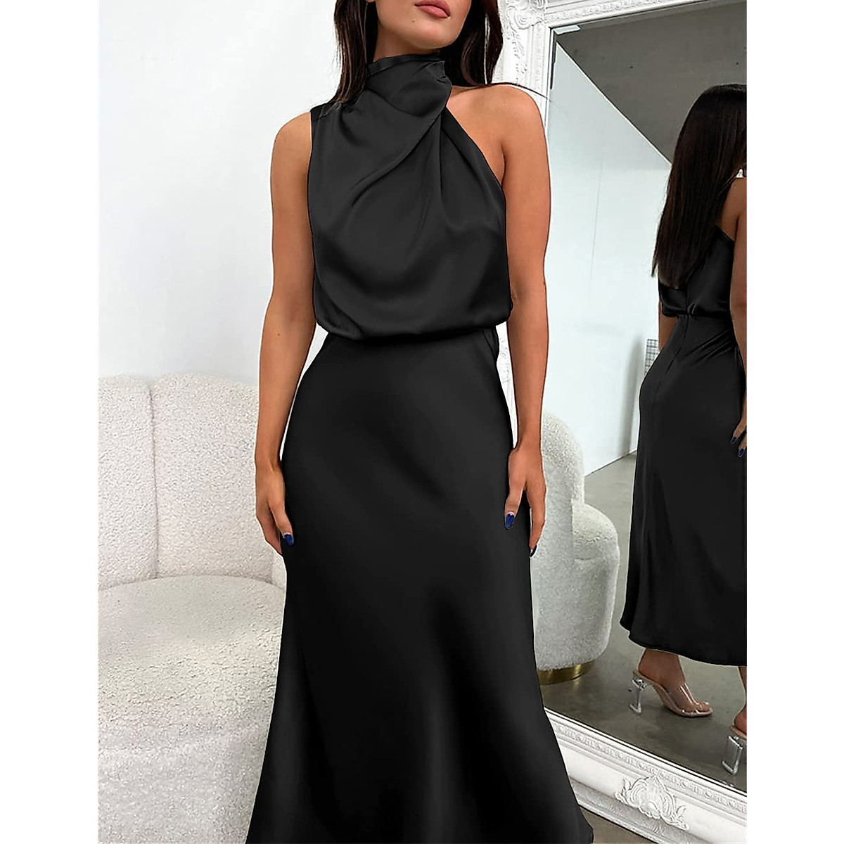 Womens Summer Satin Dress Elegant Formal Dress Sleeveless Ruched Wrap Long Dress Irregular Hanging Neck Dresses for Ladies Cocktail Party Date Night Black