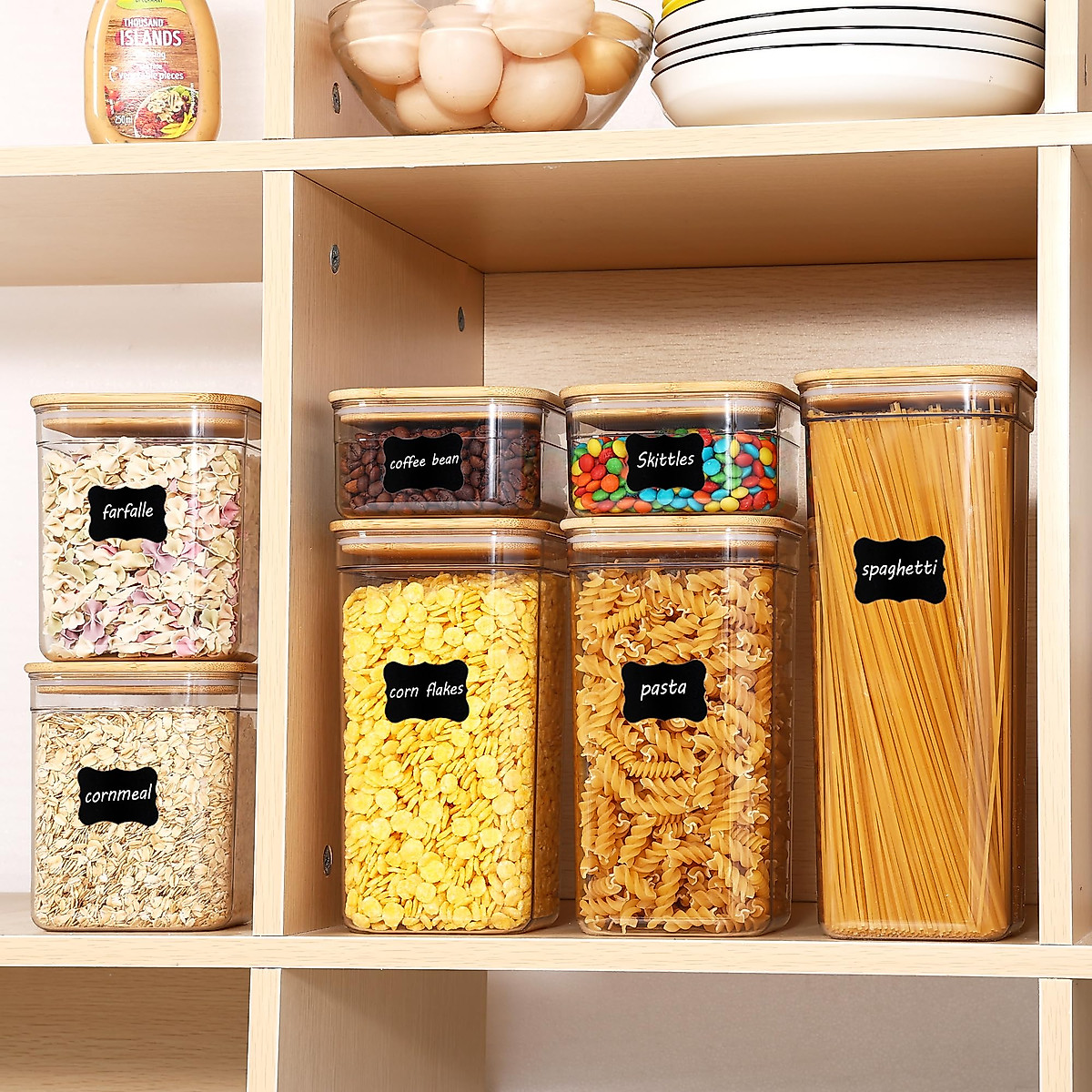 Vtopmart 7 Pack Plastic Airtight Food Storage Containers with Bamboo Lids, Square Clear Food Organizer Set for Pasta, Sugar, Flour, Dry Food, Snack, Cereal, Kitchen Pantry Organization Storage