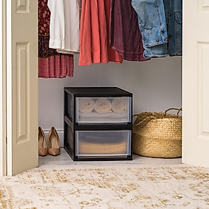 IRIS USA 30 Qt. Plastic Drawer Storage Organizer Stacking Drawers, 2-Pack, Stackable Unit with Sliding Drawer for Clothes Bedroom Kitchen Under Sink Pantry Craft Room Bathroom Dorm Office, Black