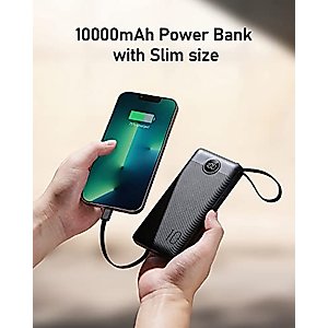 VEEKTOMX Portable Charger with Built in Cables, 10000mAh Ultra Slim Power Bank with 5 Outputs and LED Display, External Battery Compatible with iPhone/iPad/Samsung and Other Smart Devices for Travel