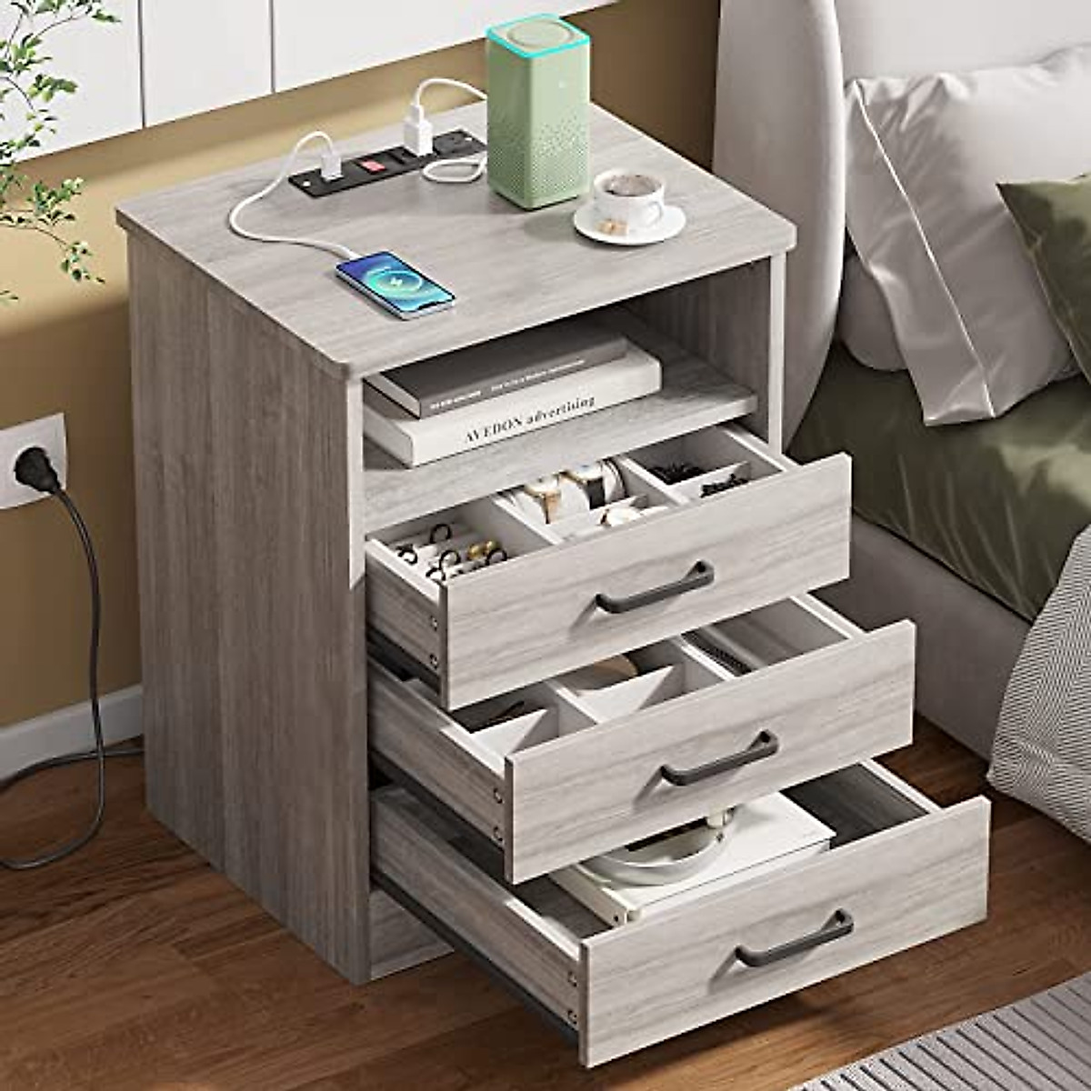 Tiptiper Nightstand Set of 2 with Charging Station,Grey Night Stands for Bedroom,Bedside Table with Drawers & USB Ports, 13.8D x 15.8W x 23.6H in