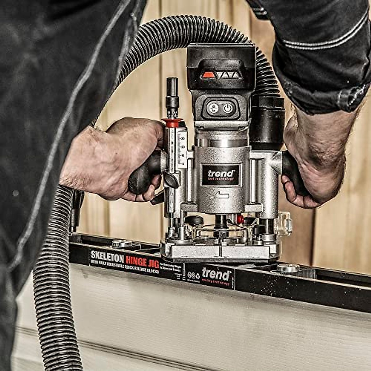 Trend Two-Part Skeleton Hinge Jig with Adjustable Blocks, Robust Carry Case & Guide Bush for Hinge Recess Cutting, Black, H/JIG/C