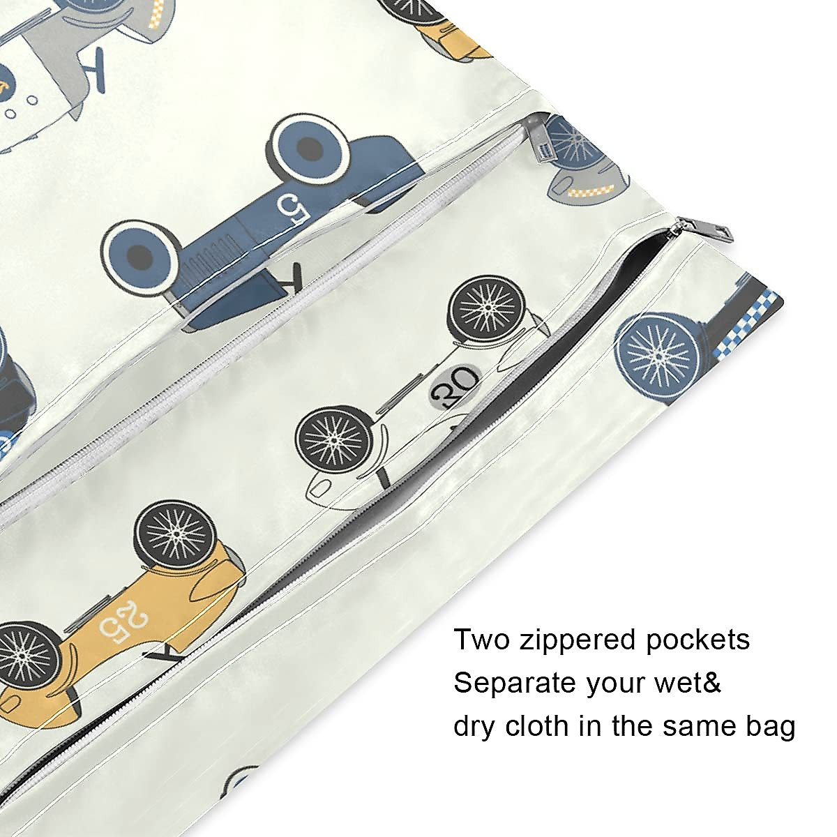 AUUXVA Wet Dry Bag 2 Pack Vintage Car Pattern Print Waterproof Kids Baby Cloth Diaper Wet Bags Organizer Pouch Zippered Pockets Yoga Gym Wet Dry Bag for Travel Swimsuits