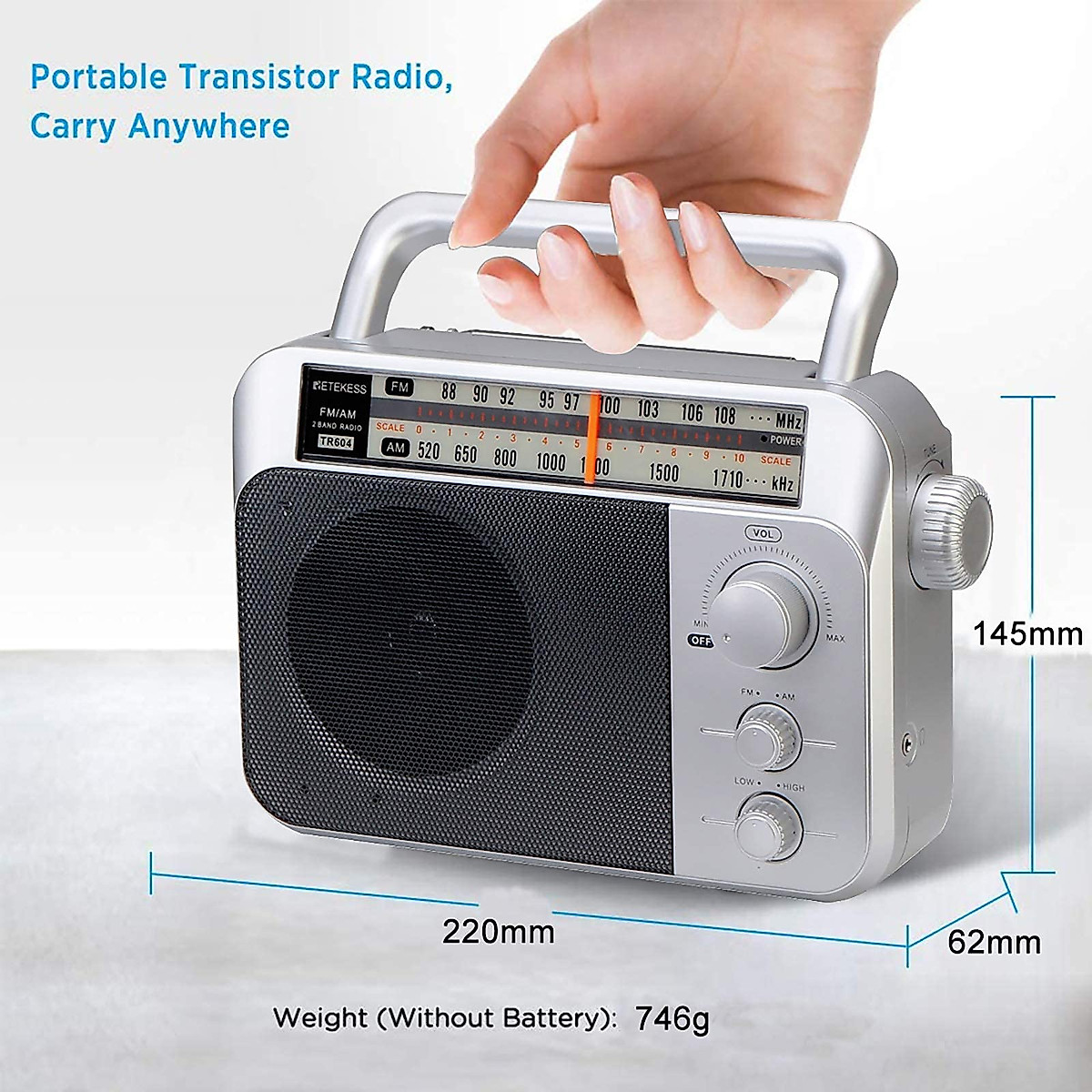 Retekess TR604 AM FM Radio Portable Transistor Analog Radio with 3.5mm Earphone Jack Battery Operated Boombox by 3 D Cell Batteries or AC Power (Silver, AM FM)