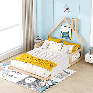 Harper & Bright Designs Full Size Floor Bed with House-Shaped Headboard, Full Montessori Floor Bed Frame, Full Platform Bed, Full House Bed for Kids Teens Girls Boys,No Box Spring Needed (Natural)