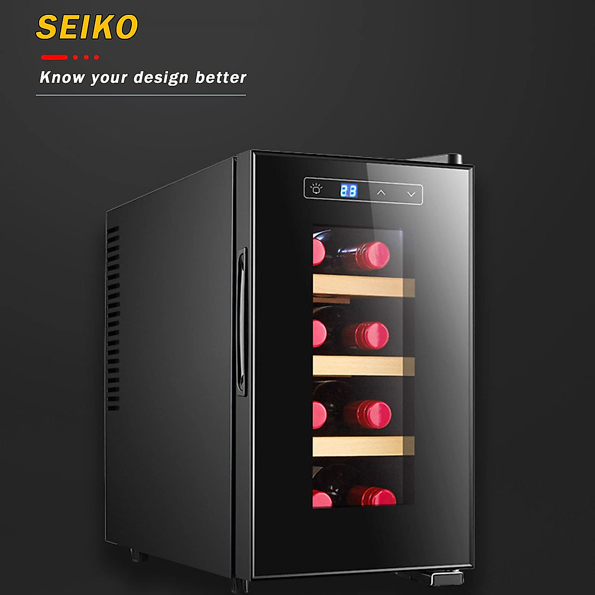 DUTUI Refrigerator-White & Red Chiller Countertop Cooler-Freestanding Compact Mini Wine Fridge 8 Bottle Capacity, Digital Control, Glass Door,Horizontal