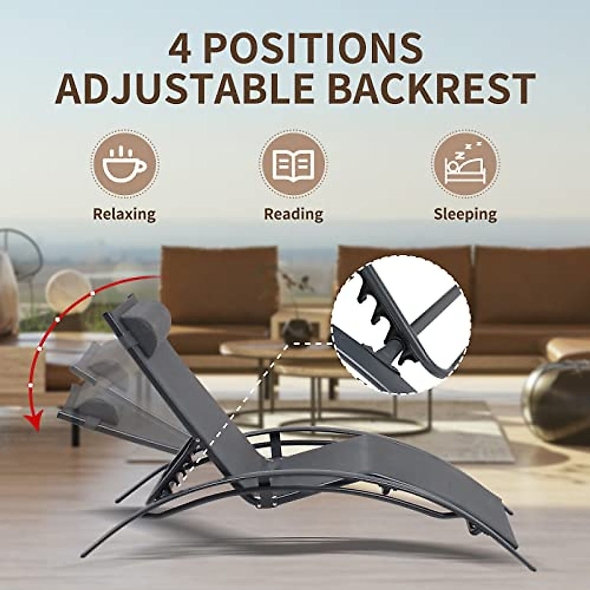 VARVIND Patio Chaise Lounge Chair Set of 3,Aluminum Outdoor Lounge Chair with Headrest,Sunbathing Lounger,Pool Tanning Chairs,Armrest Recliner Chiar with Side Table for Beach,Garden，Lawn(Grey)