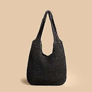 QTKJ Hand-woven Soft Large Straw Shoulder Bag Boho Straw Handle Tote Retro Summer Beach Bag Rattan Handbag (Black)