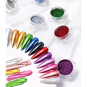 11pcs Magic Mirror Chrome Nail Powder & 1pc Holographic Laser Silver Nail Powder Pigment, Shinny Glitter Nail Art, Dust Nail Powder for Manicure Decorations