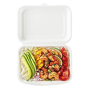 Restaurantware Pulp Safe No PFAS Added 20 Ounce Clamshell Boxes 100 Disposable Containers - Home Compostable Microwavable And Freezable White Bagasse Containers Built-In Hinged Lid