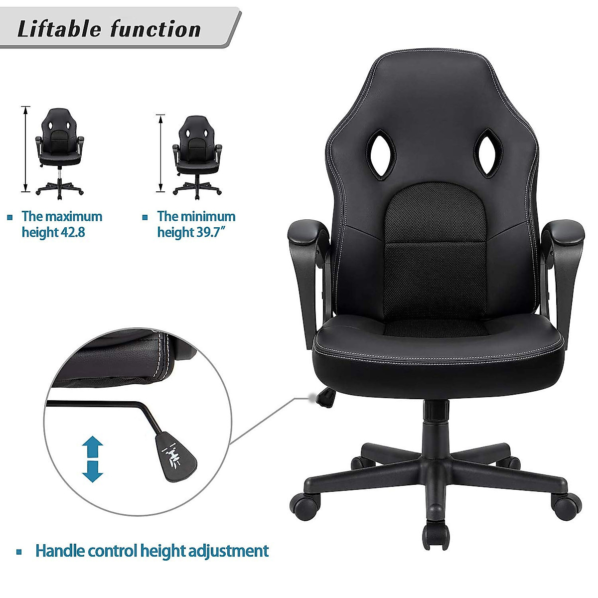 Furmax Office Chair Desk Chair Leather Gaming Chair Computer Chair Racing Style Ergonomic Adjustable Swivel Task Chair with Lumbar Support and Arms (Black)