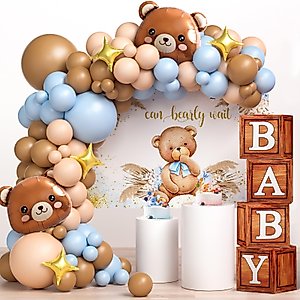 117 Teddy Bear Baby Shower Decorations for Boy Birthday Supplies Brown Blue Balloon Garland Kit Wood Grain Boxes with Letters Bearly Wait Backdrop Bear Theme Baby Shower Decor