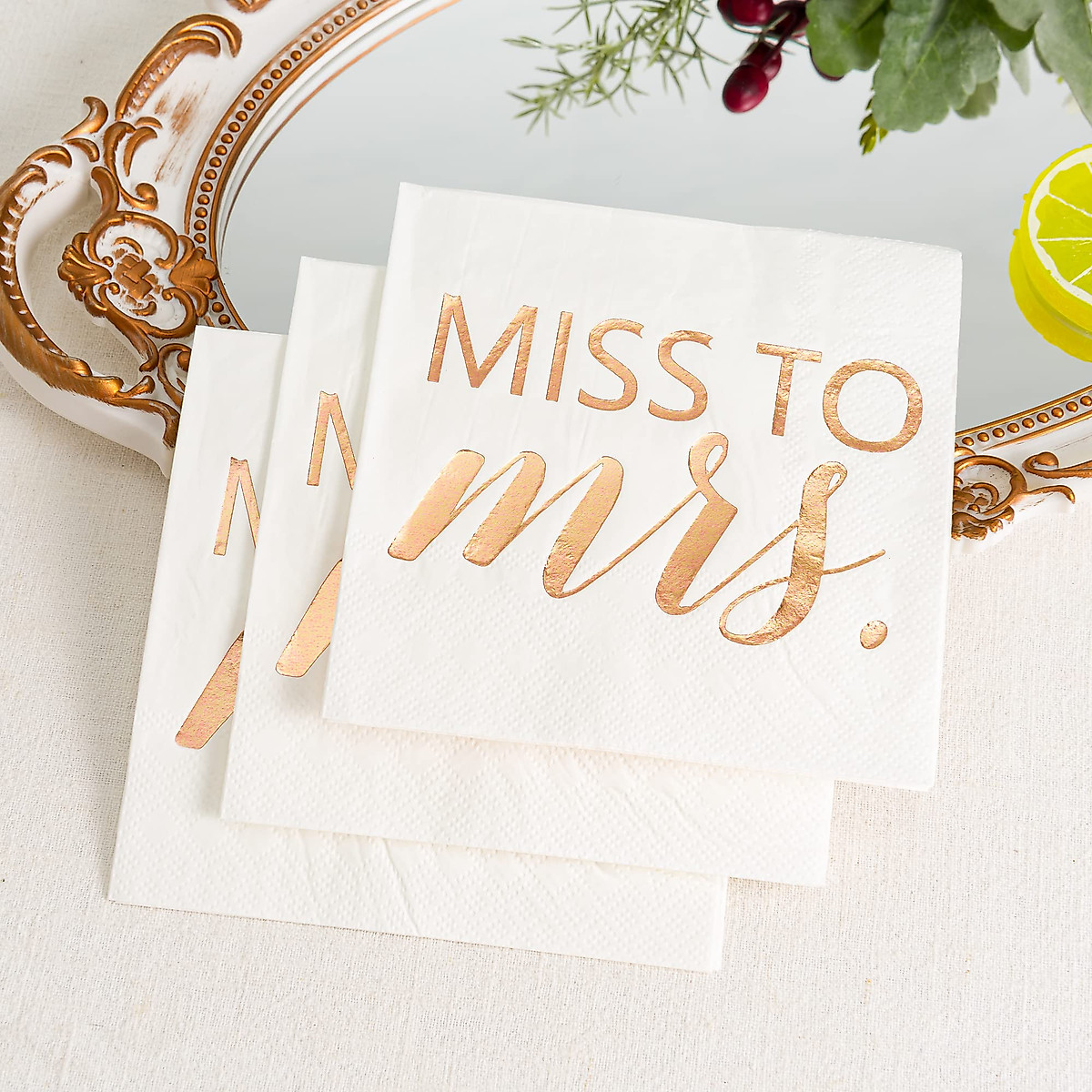 Calculs Bridal Wedding Beverage Napkins Miss to Mrs Celebrations Tableware Snack/Dessert/Beverage Disposable Napkin Rose Gold Foil 55 Pcs