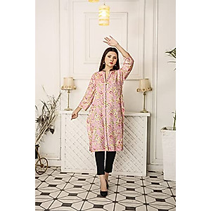 IshDeena Pakistani Kurtis for Women Indian Style - Kurta Tops M to Plus Size, Printed Soft Linen Shirts, Casual & Festive (3X-Large/Pastel Pink)