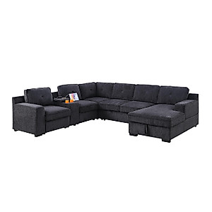 Ball & Cast 120" Sofa Bed with Pull Out Storage,5 Seat Sectional Couch with Cup Holder & USB Port,2 in 1 Design,for Living Room,Lounge,Apartment,Dark Grey