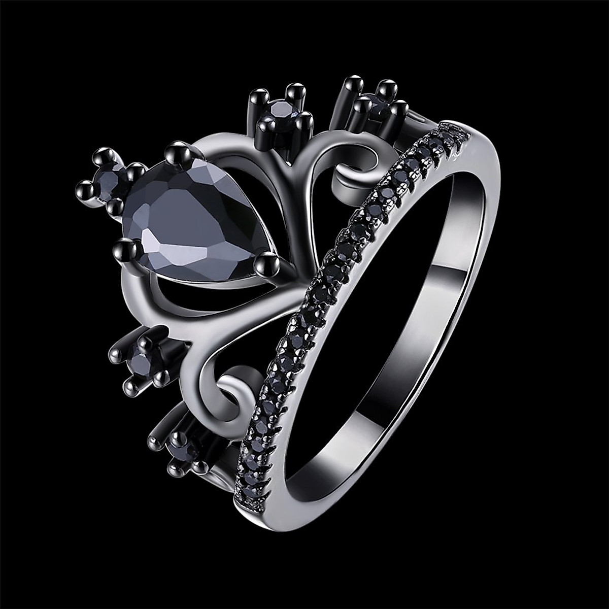 WANGYUSHENG Womens Black Gold Plated Cubic Zirconia CZ Fashion Teardrop Princess Crown Tiara Ring Wedding Band (9)