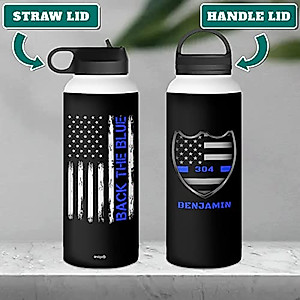 winorax Police Officer Gifts Personalized Police Water Bottle Back The Blue US Flag Police Academy Graduation Gifts for Men Women Cops Retirement Sports Bottles Cups Stainless Steel 12oz 18oz 32oz
