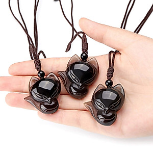 Top Plaza Womens Reiki Healing Crystal Ice Obsidian Gemstone Necklaces Adjustable Lucky Fox Amulet Protection Pendant Necklace Fox Jewelry