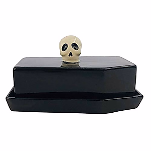 Boston Warehouse Coffin Shaped with Skull Handle Covered Butter Dish, Standard, Black